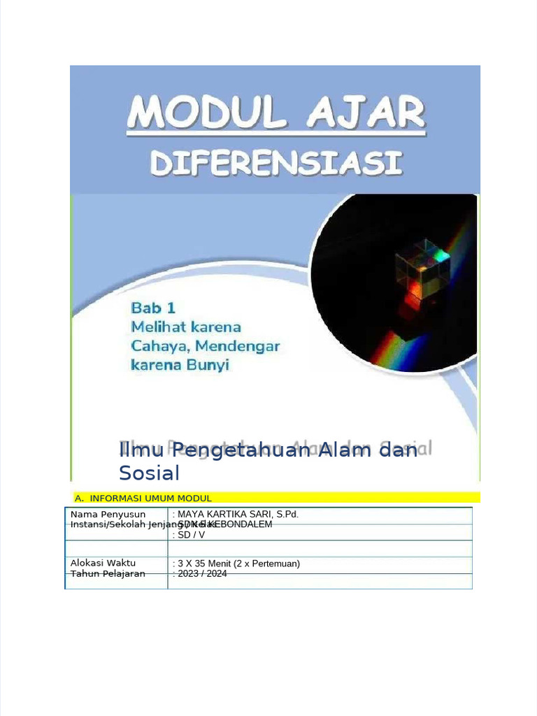 PDF Modul Ajar Diferensiasi Ipas Kls 5 Topik A Sifat Cahaya | PDF