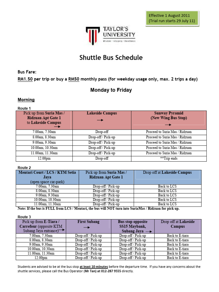 Shuttle Bus Schedule - Sunway Ridzuan | PDF