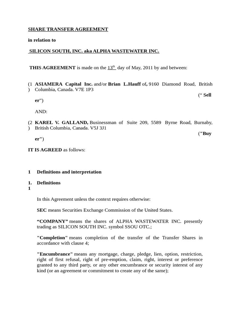 Share Transfer Agreement Sample | PDF | Liquidation | Private Law