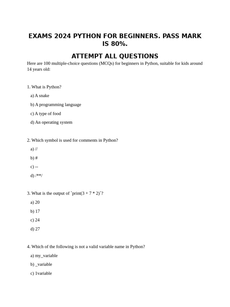 Exams 2024 Python For Beginners | PDF | Boolean Data Type | Computers