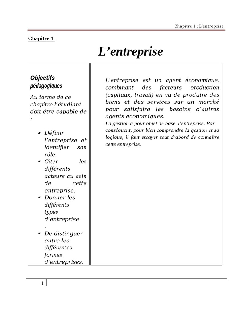 Chapitre 1 Lentreprise de La Gestion Dentreprise | PDF