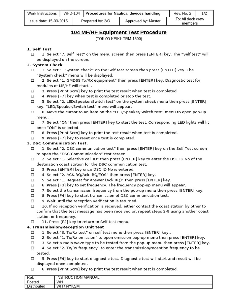MF:HF Equipment Test Procedure Tokimec | PDF