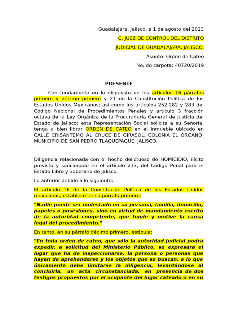 EJEMPLO ORDEN CATEO | PDF