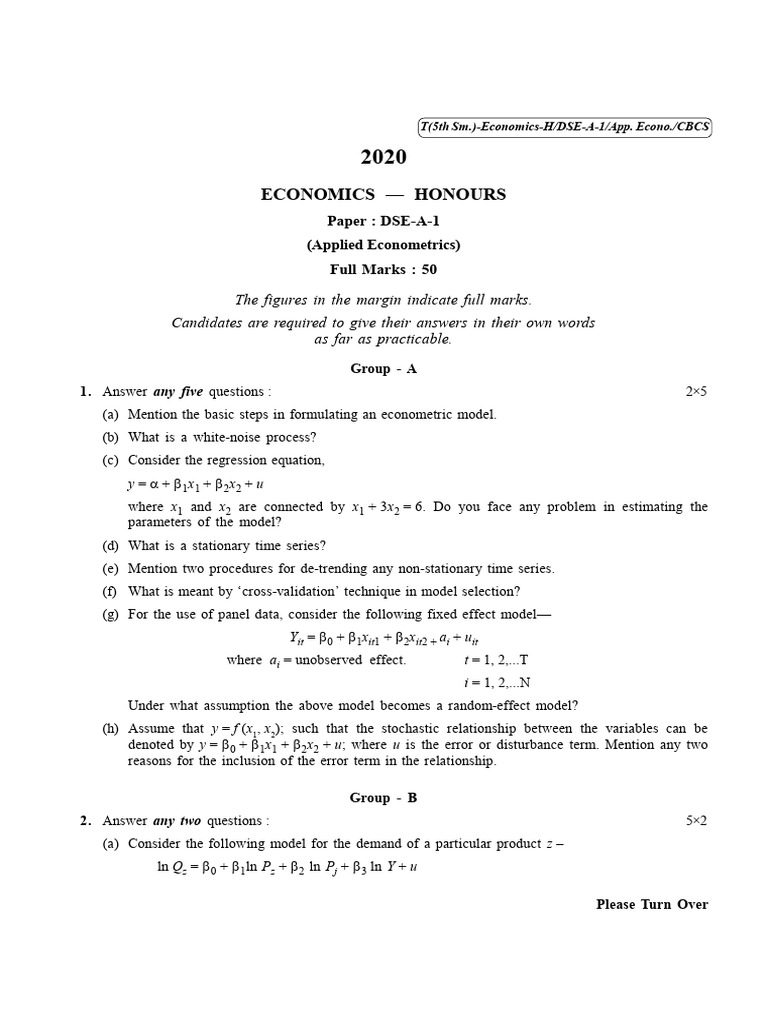 CU-2020 B.A. B.sc. (Honours) Economics Semester-V Paper-DSE-A-1 QP | PDF