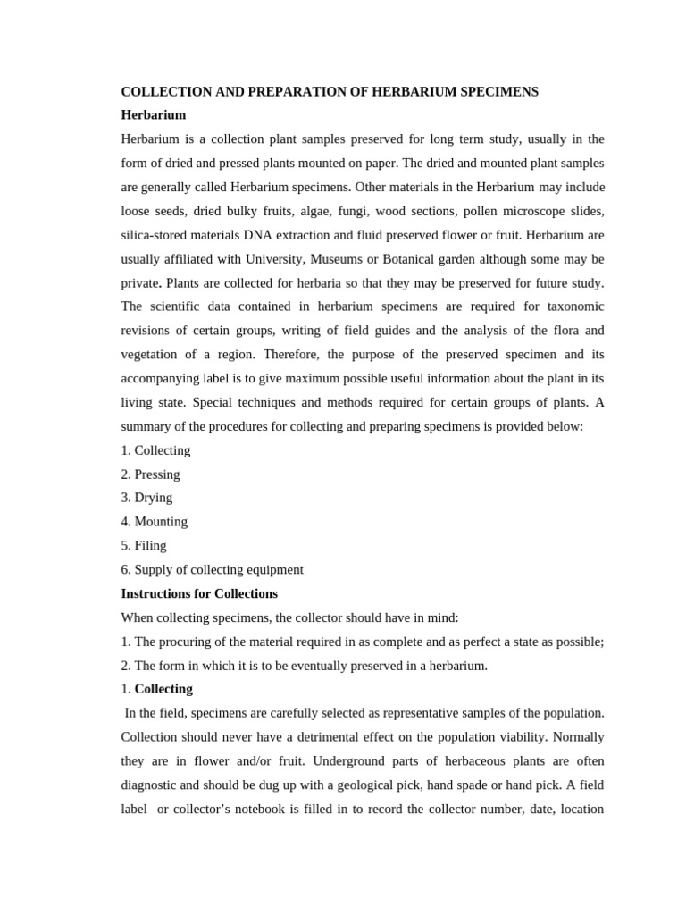 Bio 233 Collection and Preparation of Herbarium Specimens | PDF