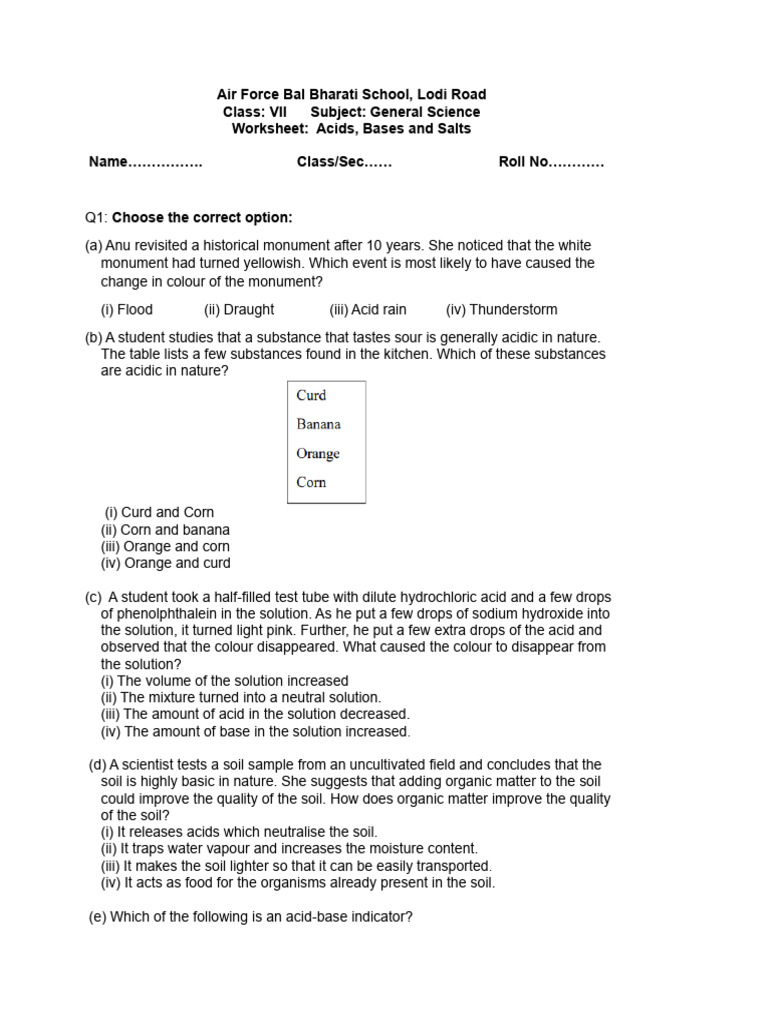 Worksheet Acids, Bases and Salts | PDF