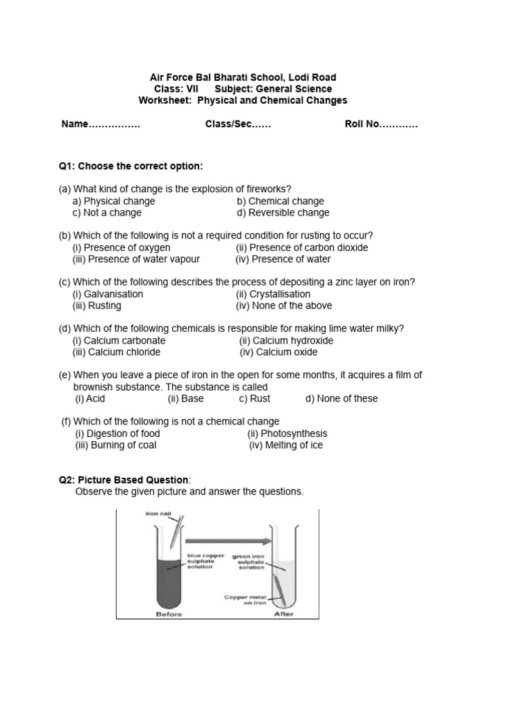 Physical and Chemical Changes Worksheet | PDF
