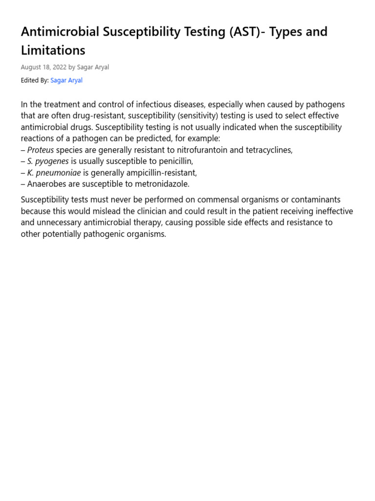Antimicrobial Susceptibility Testing (AST) - Types and Limitations | PDF