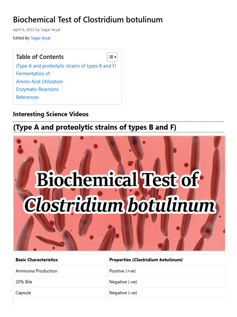 Biochemical Test of Clostridium Botulinum | PDF