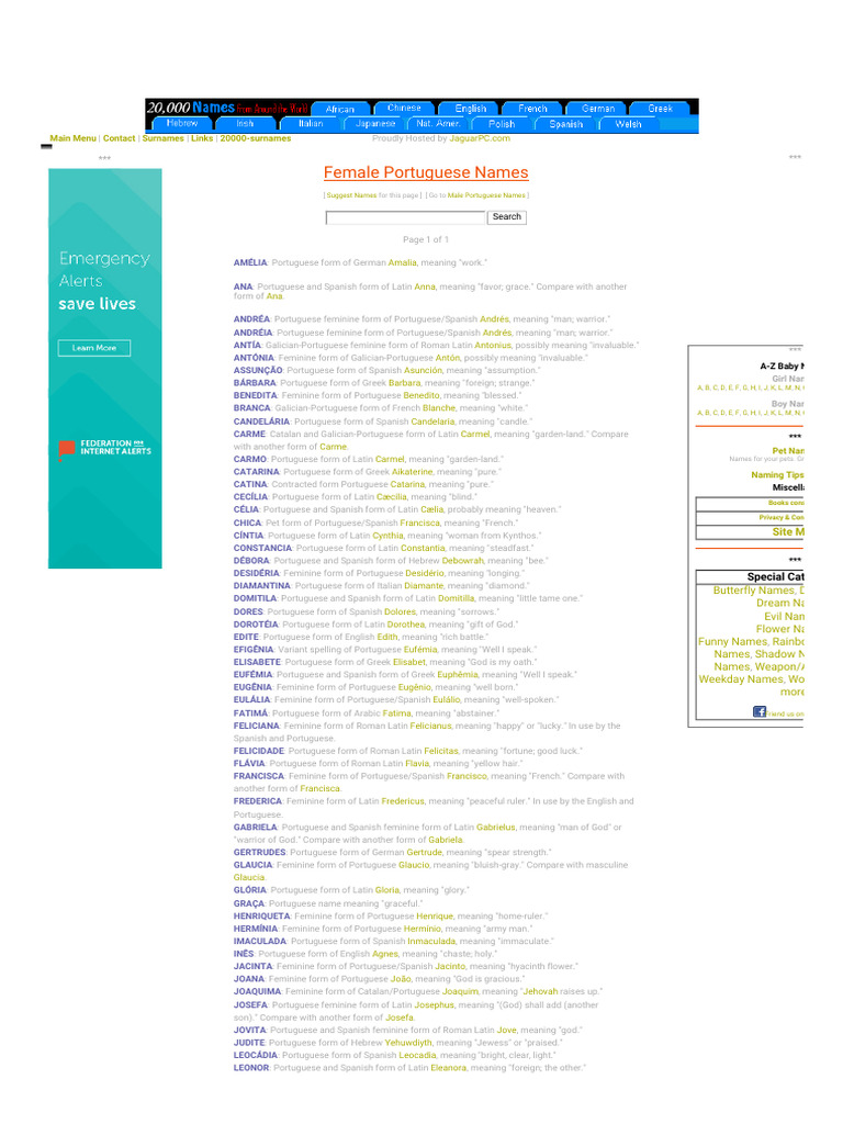 Female Portuguese Names, Page 1 of 1 - Meaning, Origin, Etymology | PDF