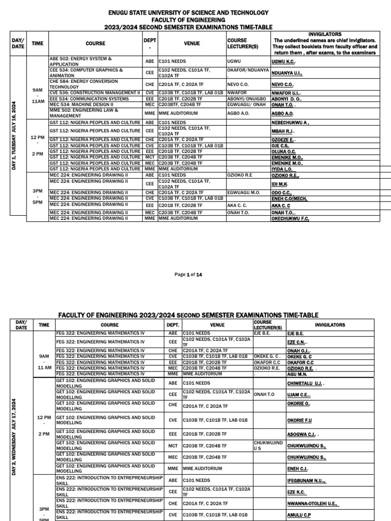 Exam Time Table (2024) 2nd Semester Draft | PDF Exam Time Table (2024) 2nd Semester Draft | PDF