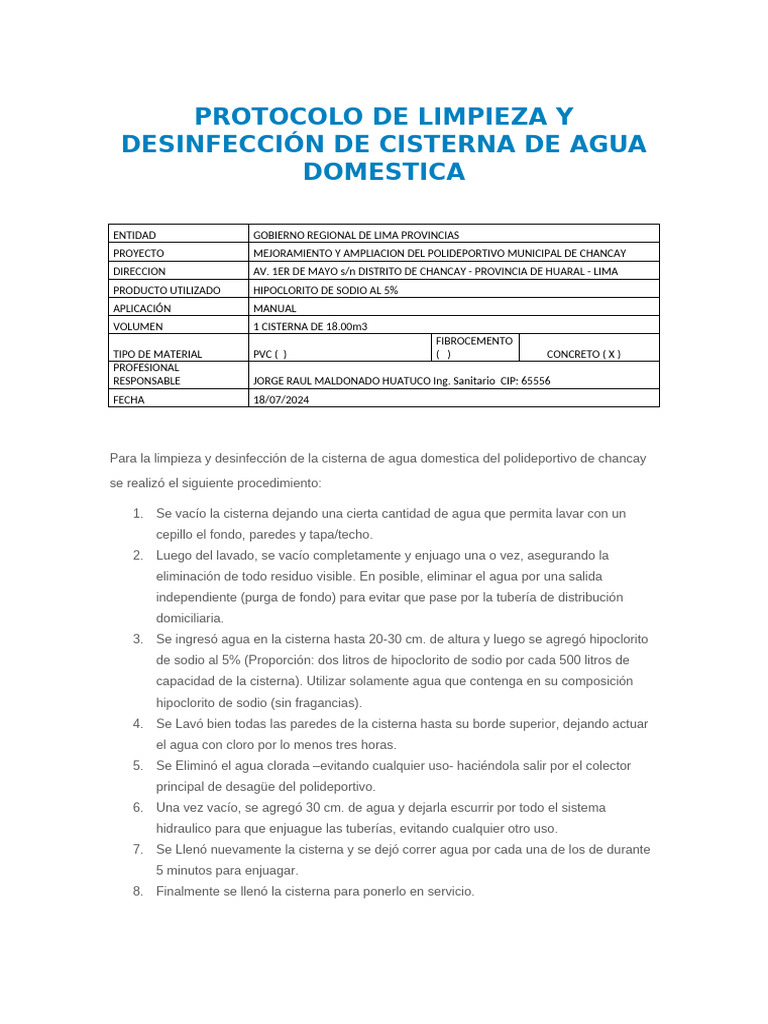 Protocolo de Limpieza y Desinfección de Cisterna de Agua Domestica | PDF