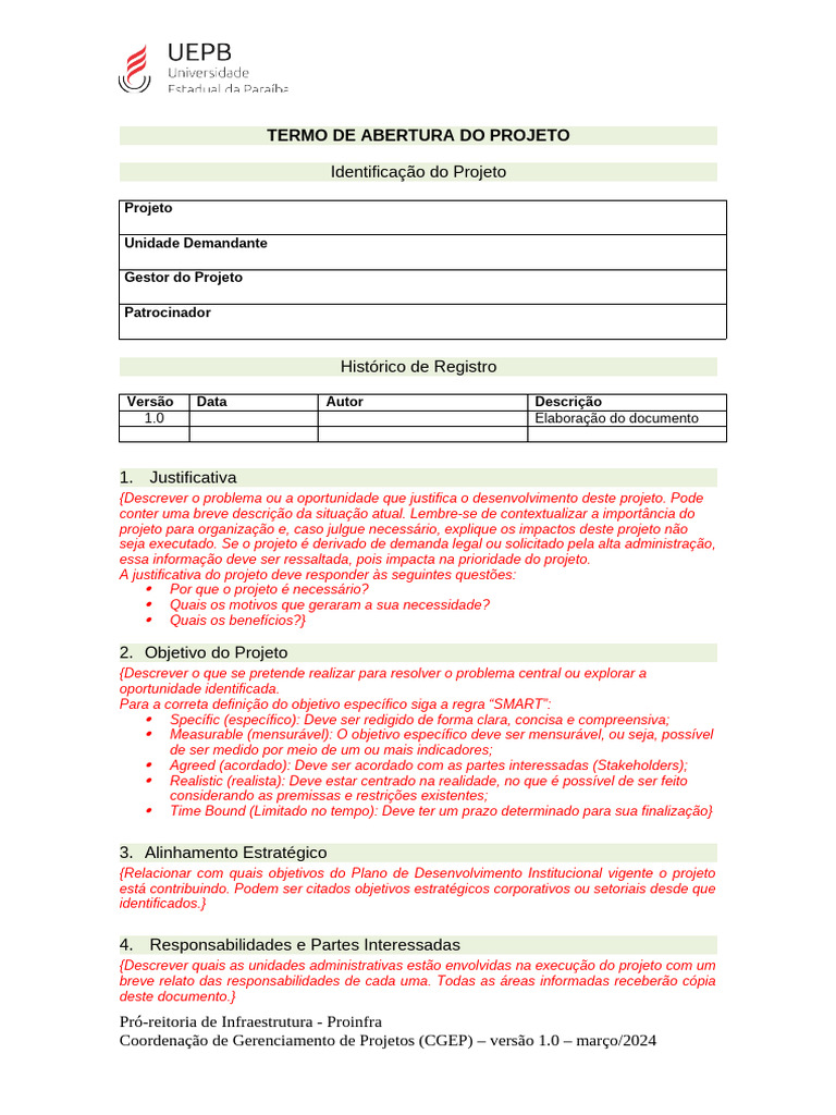 TAP Termo de ABERTURA Do Projeto Modelo CGEP | PDF