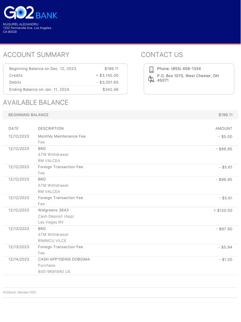GO2bank Statement January 11 2024 | PDF | Banks | Services (Economics)