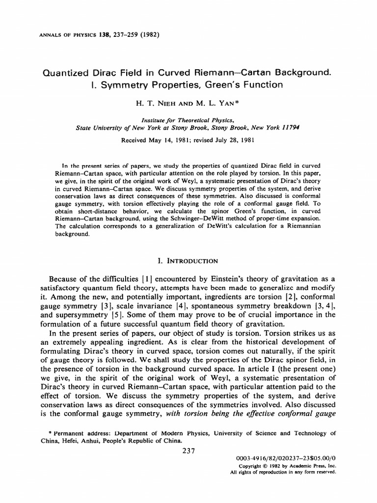 Quantized Dirac Field in Curved Riemann-Cartan Background. I. Symmetry ...