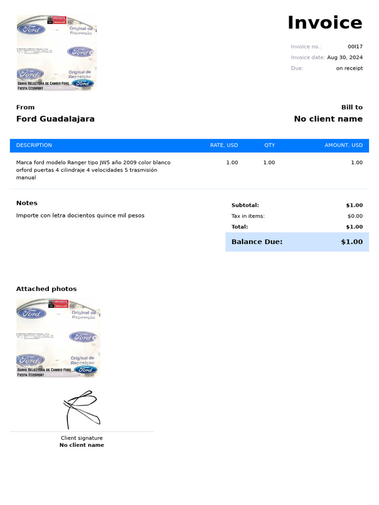 Invoice: Ford Guadalajara No Client Name | PDF