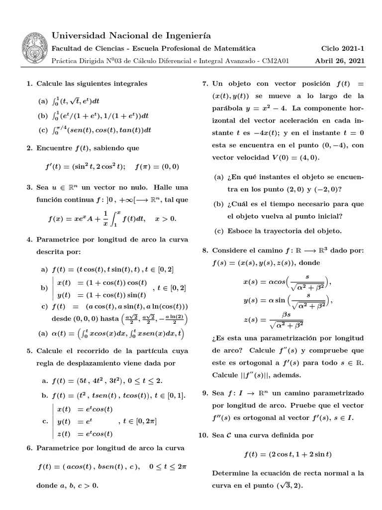 Universidad Nacional de Ingenier Ia: PR Actica Dirigida N 03 de C Alculo Diferencial e Integral ...