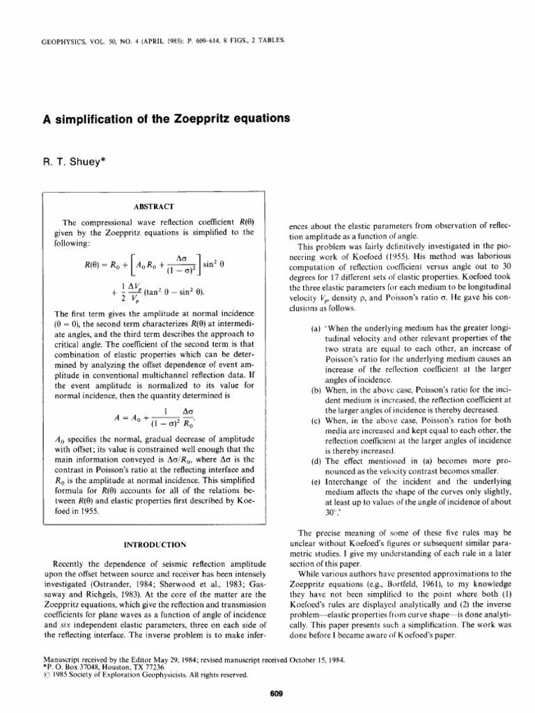 A Simplification of The Zoeppritz Equations | PDF | Reflection (Physics ...