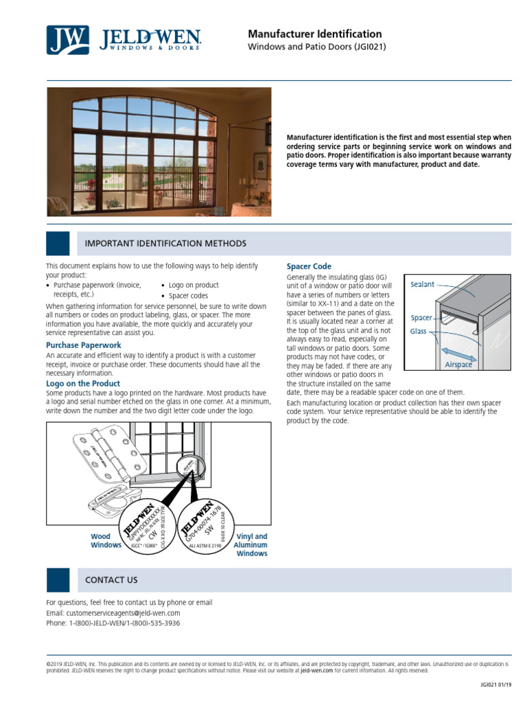 Manufacturer Identification: Windows and Patio Doors (JGI021) | PDF
