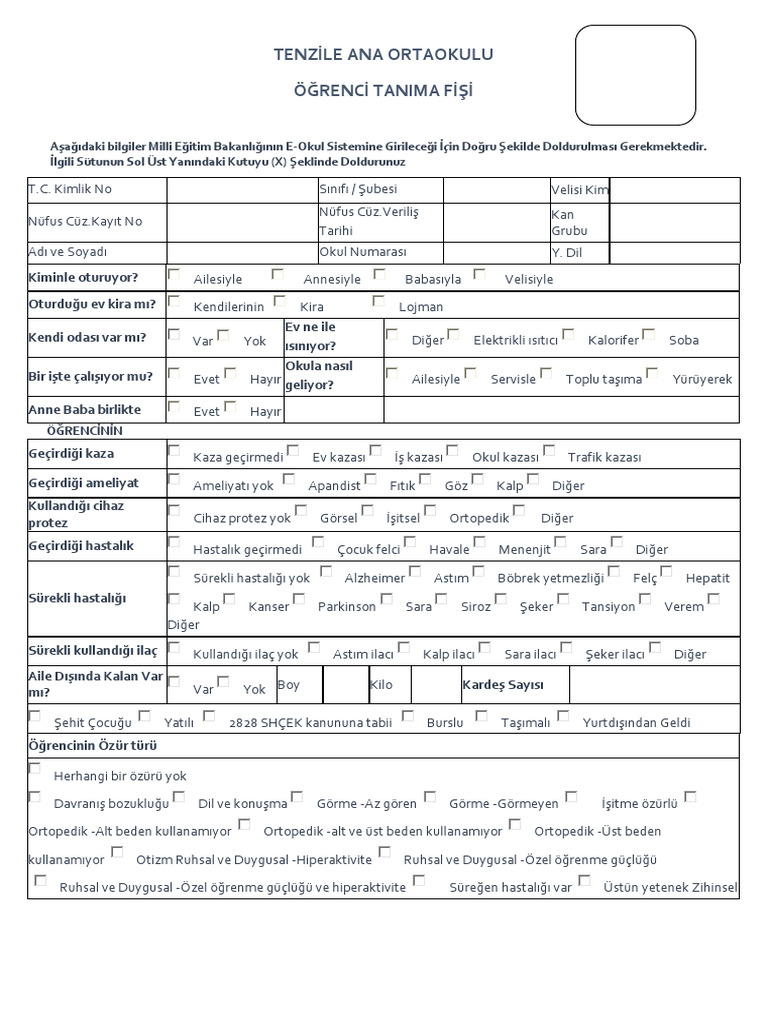 Öğrenci̇ Tanima Fi̇şi̇ | PDF