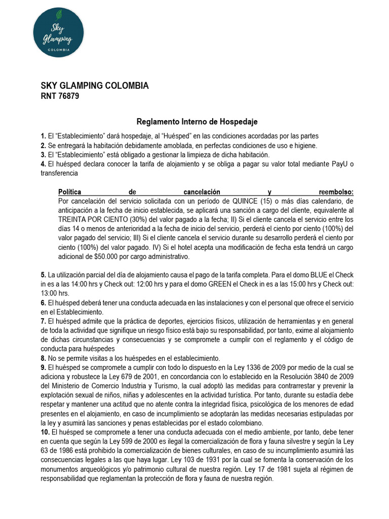 2020 Reglamento Interno de Hospedaje Terminos y Condiciones | PDF 2020 Reglamento Interno de Hospedaje Terminos y Condiciones | PDF