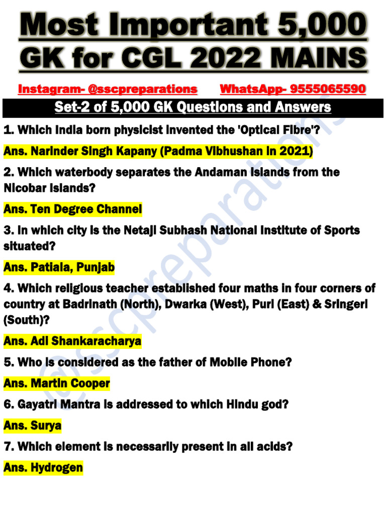 SET 2 Most Important 5000 GK Questions Answers For CGL22 Mains | PDF