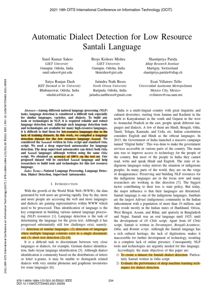 Automatic Dialect Detection For Low Resource Santali Language | PDF