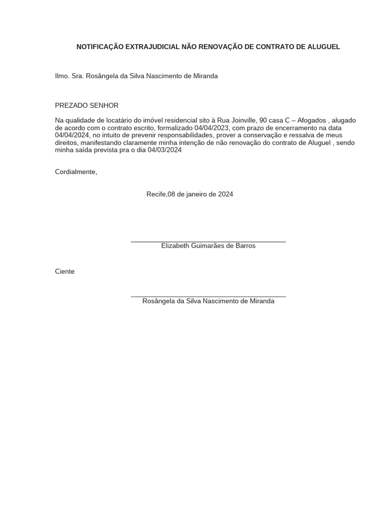 Notificação Extrajudicial Não Renovação De Contrato De Aluguel Pdf