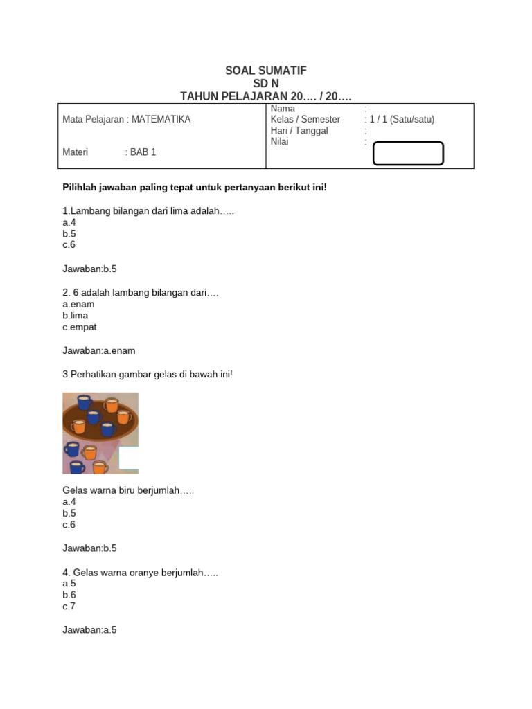Soal Sumatif MTK Kls 1 Bab 1 | PDF