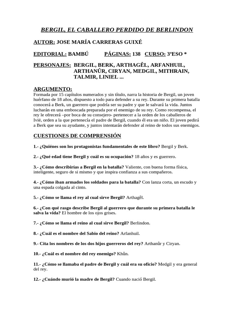 Bergil, El Caballero Perdido de Berlindon | PDF