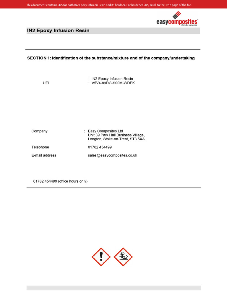 EC SDS IN2 Epoxy Infusion Resin and Hardener | PDF