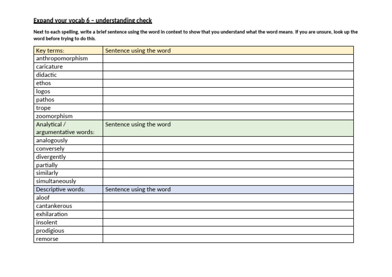 Expand Your Vocab 6 Understanding Check Sheet 2 | PDF