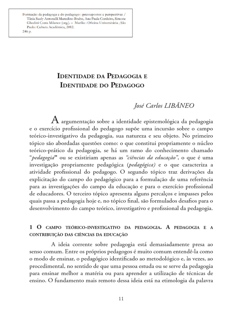 Libâneo - Identidade Da Pedagogia e Identidade Do Pedagogo | PDF