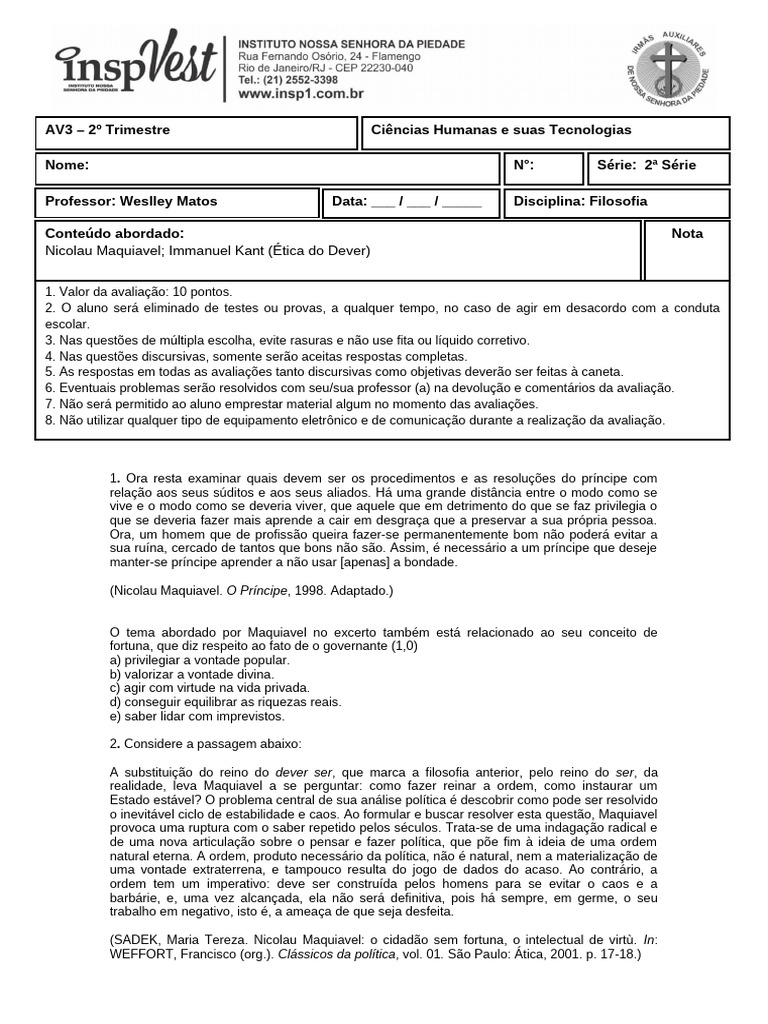 AV3 - Filosofia - 2a Série - 2o Trimestre - INSP - 2023 | PDF