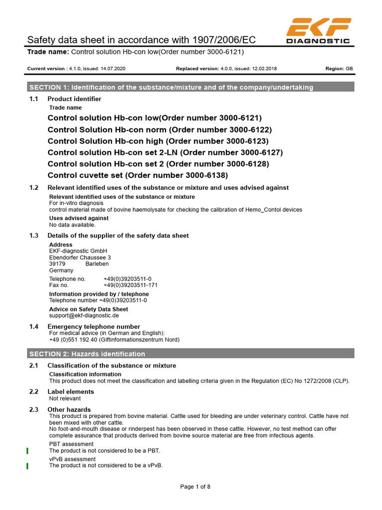 MSDS Control-solution-Hb-con - 4.1.0 - en | PDF