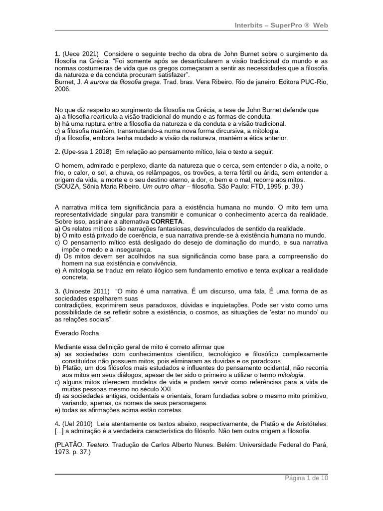 A Passagem Do Mito Ao Logos - 3a Serie INSP 2023 | PDF