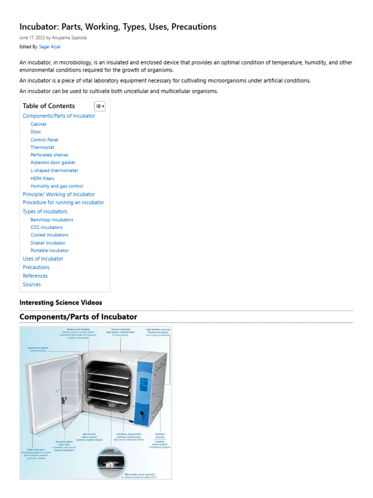 Incubator - Parts, Working, Types, Uses, Precautions | PDF