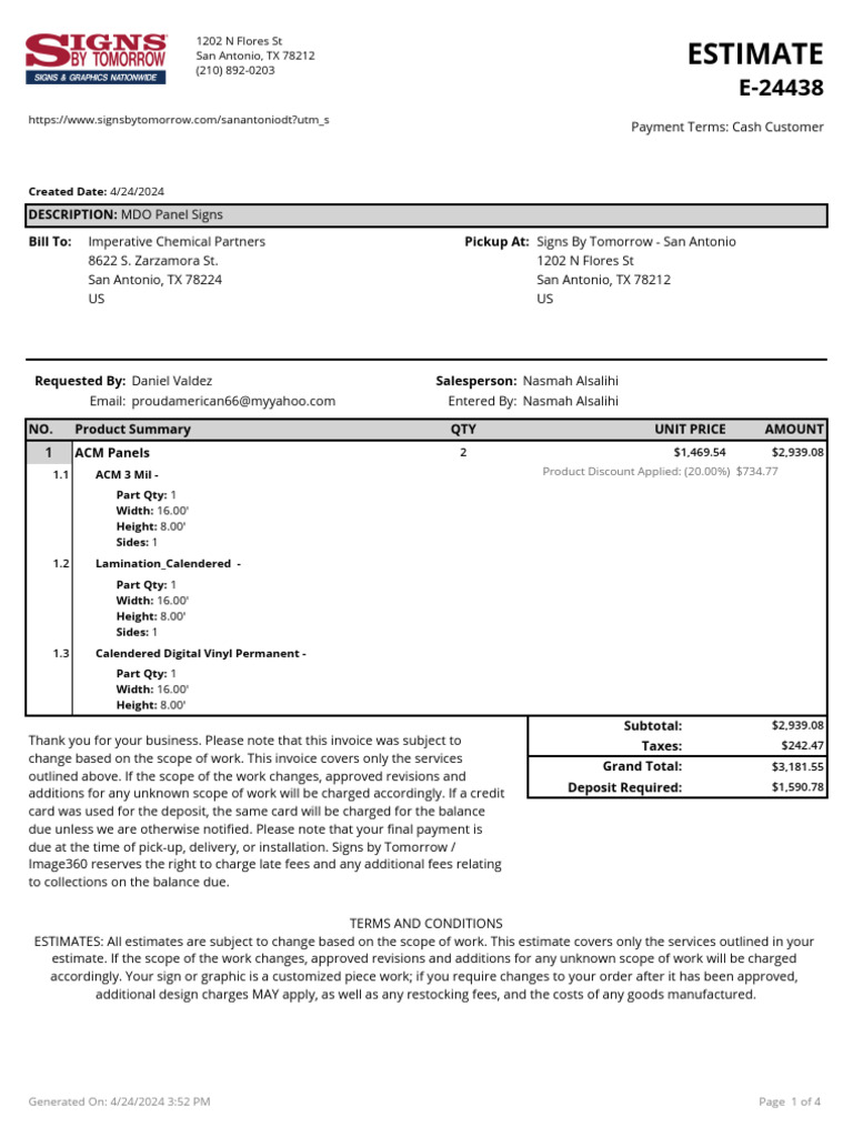 Estimate: Bill To: Pickup At: Description | PDF