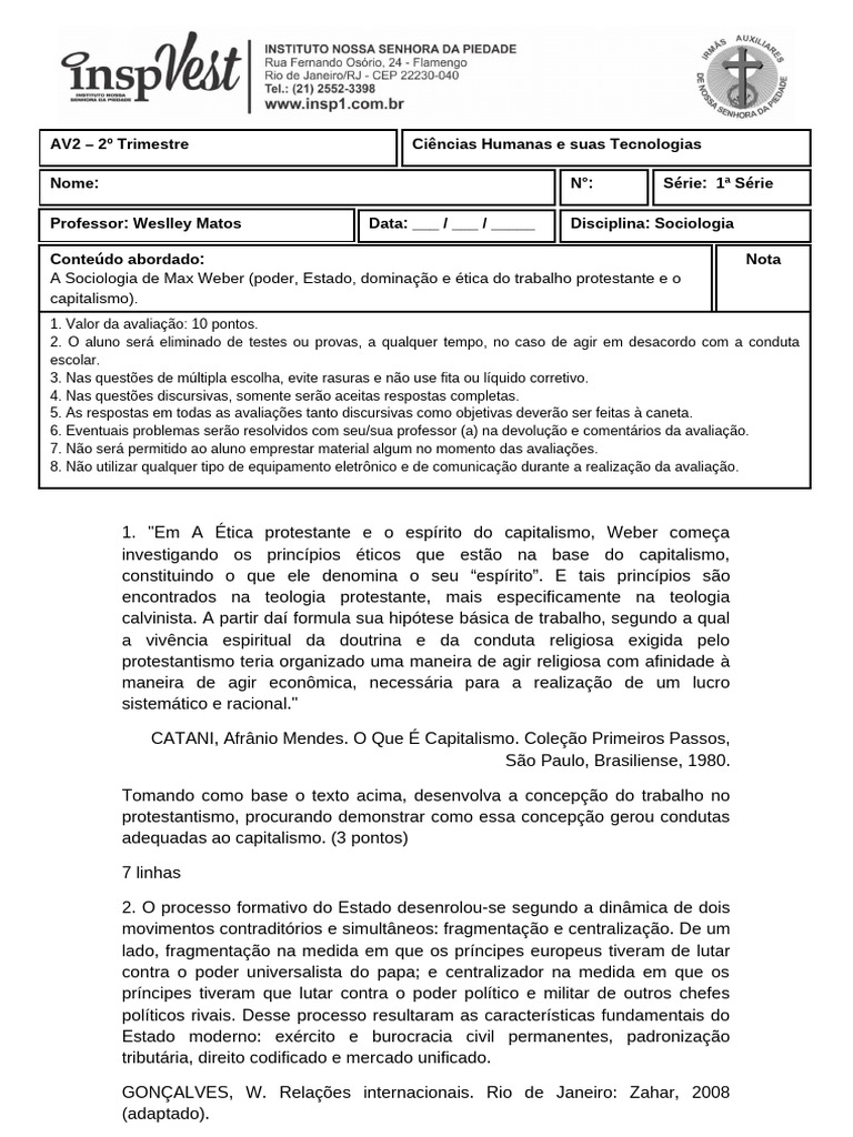 AV2 - Sociologia - 1a Série - 2o Trimestre - INSP - 2023 | PDF