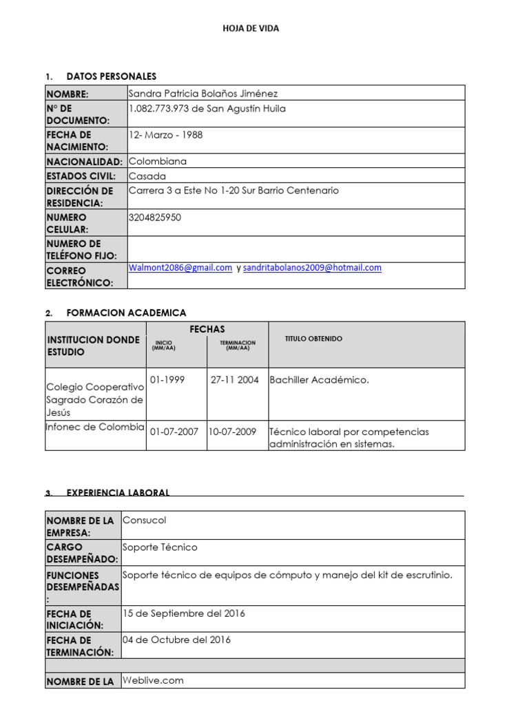 Hoja de Vida - Elecciones - Sandra Patricia Bolaños San Agustin-2 | PDF