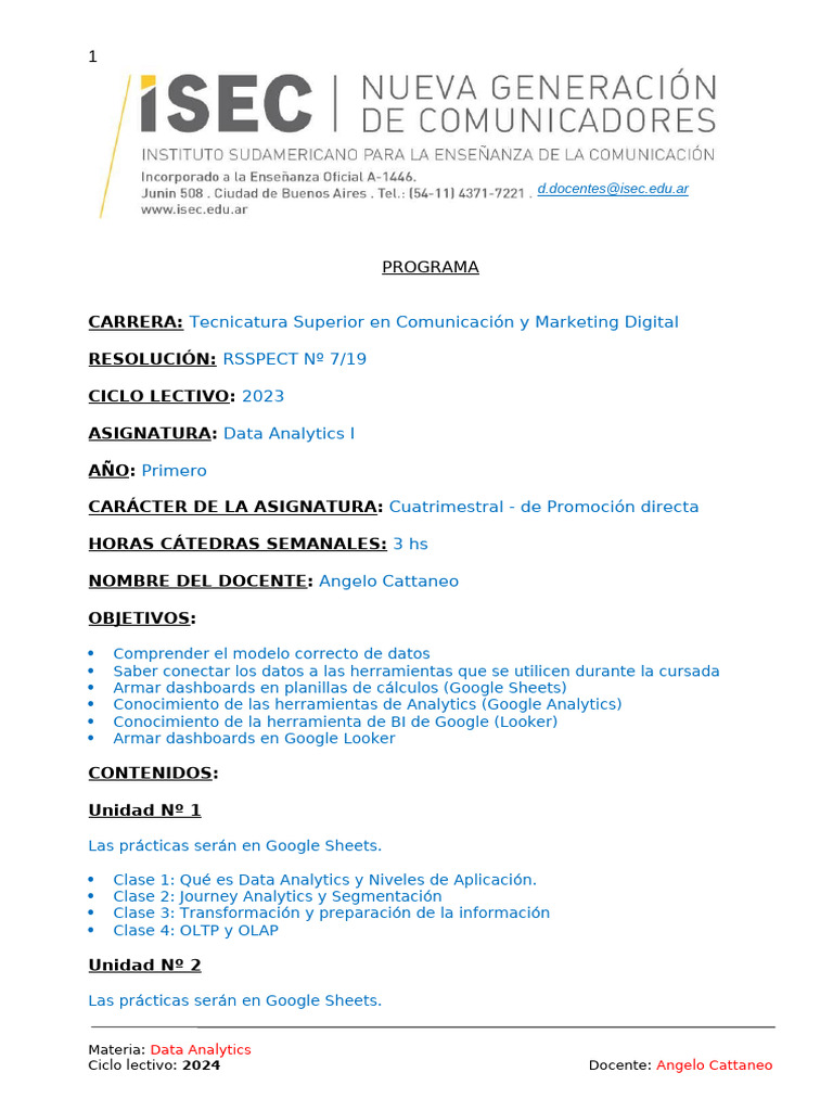 Programa - Data Analytics I | PDF