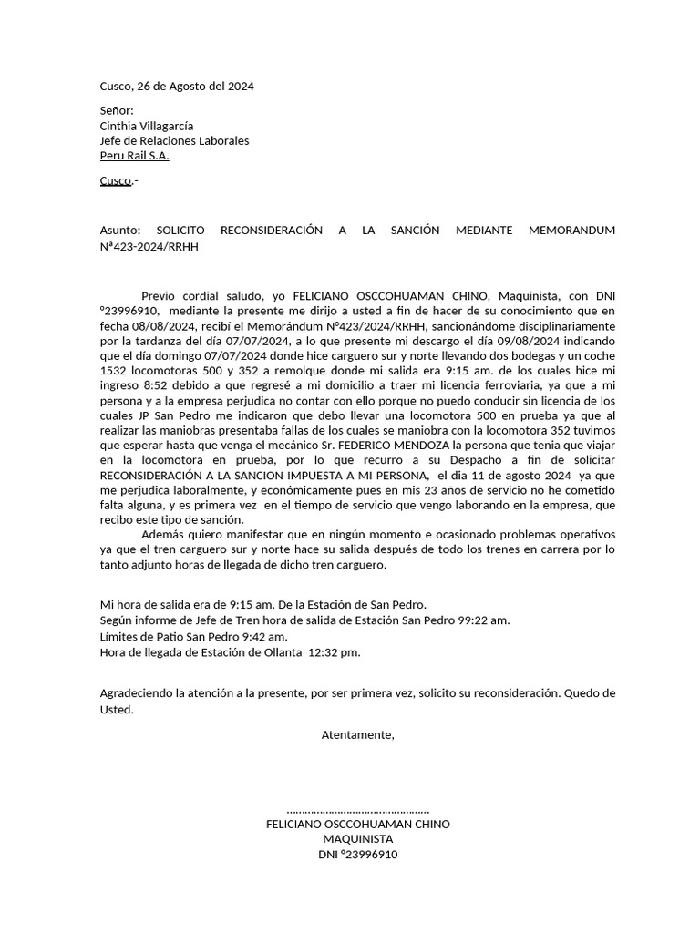 Carta de Peru Rail. | PDF