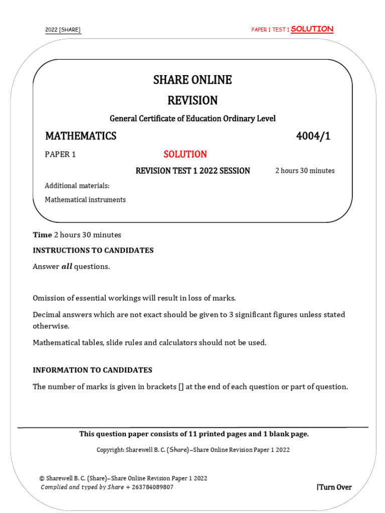 2022 Paper 1 Test 1 Solution (O' Level Mathematics) Share | PDF