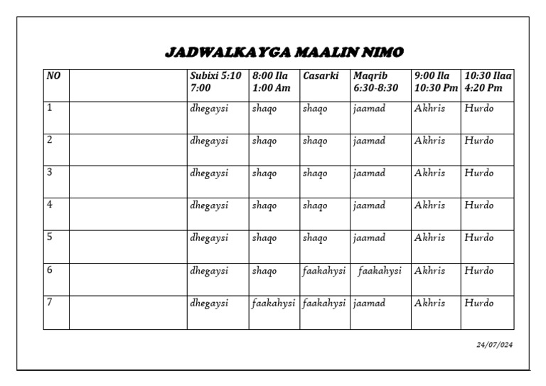 Jadwalkayga Maalin Nimo | PDF