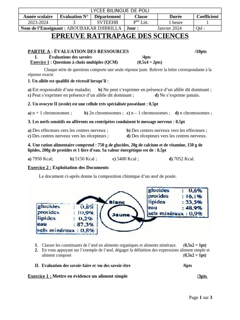 3ème Séq SVTEEHB Rattrapage Père A4 (LyBiPo) - 23-24 | PDF
