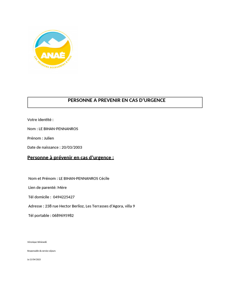 Aa Personne A Prevenir en Cas D'urgence | PDF