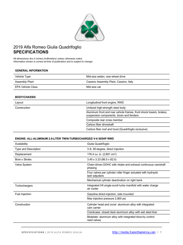 2019 AR Giulia Quadrifoglio Specifications FINAL | PDF