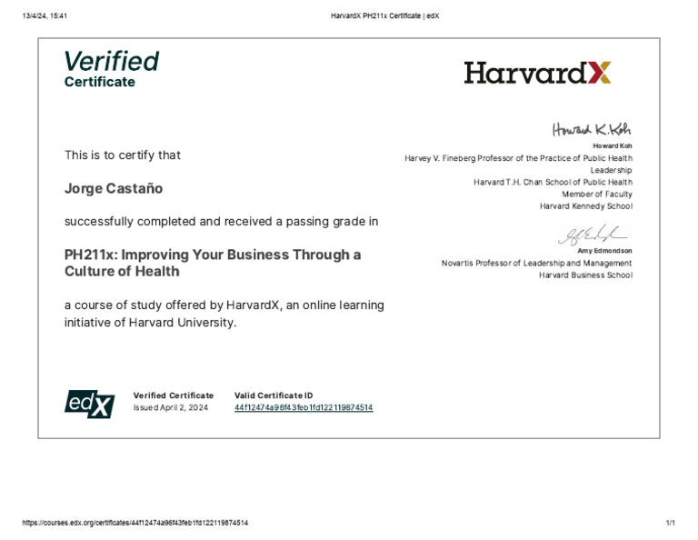 HarvardX PH211x Certificate - EdX | PDF