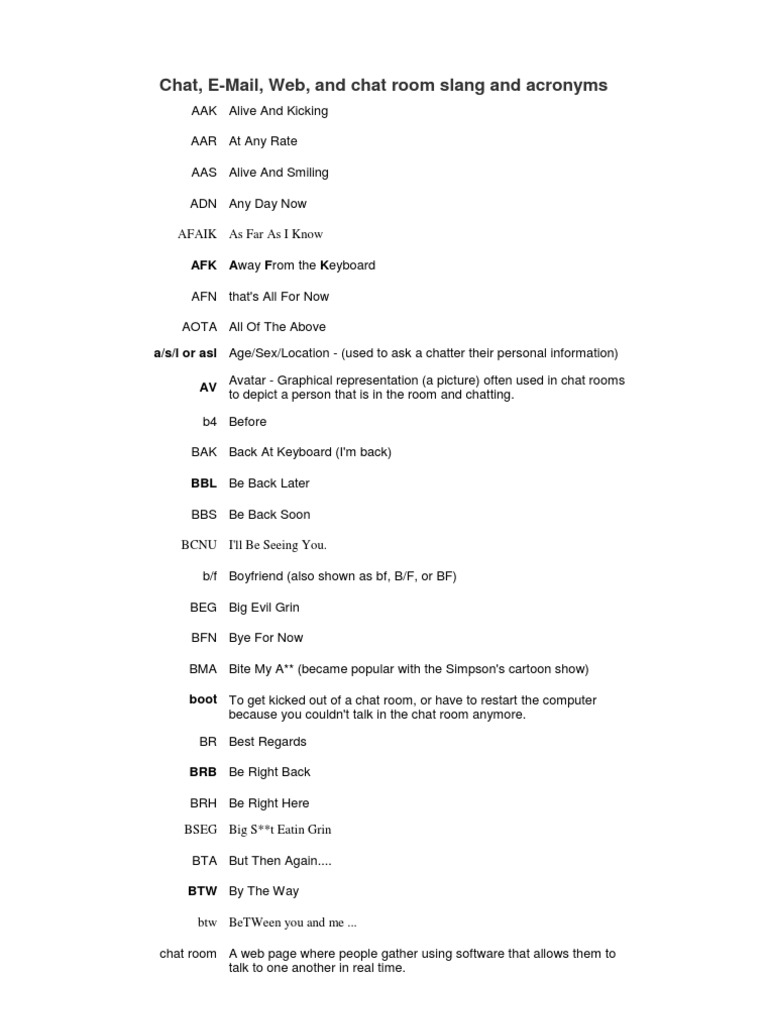 Chat, E-Mail, Web, and Chat Room Slang and Acronyms: AFK Away From The ...