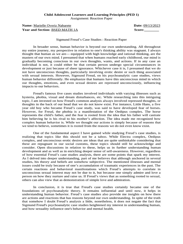 Reaction Paper - Freud's Case Studies | PDF